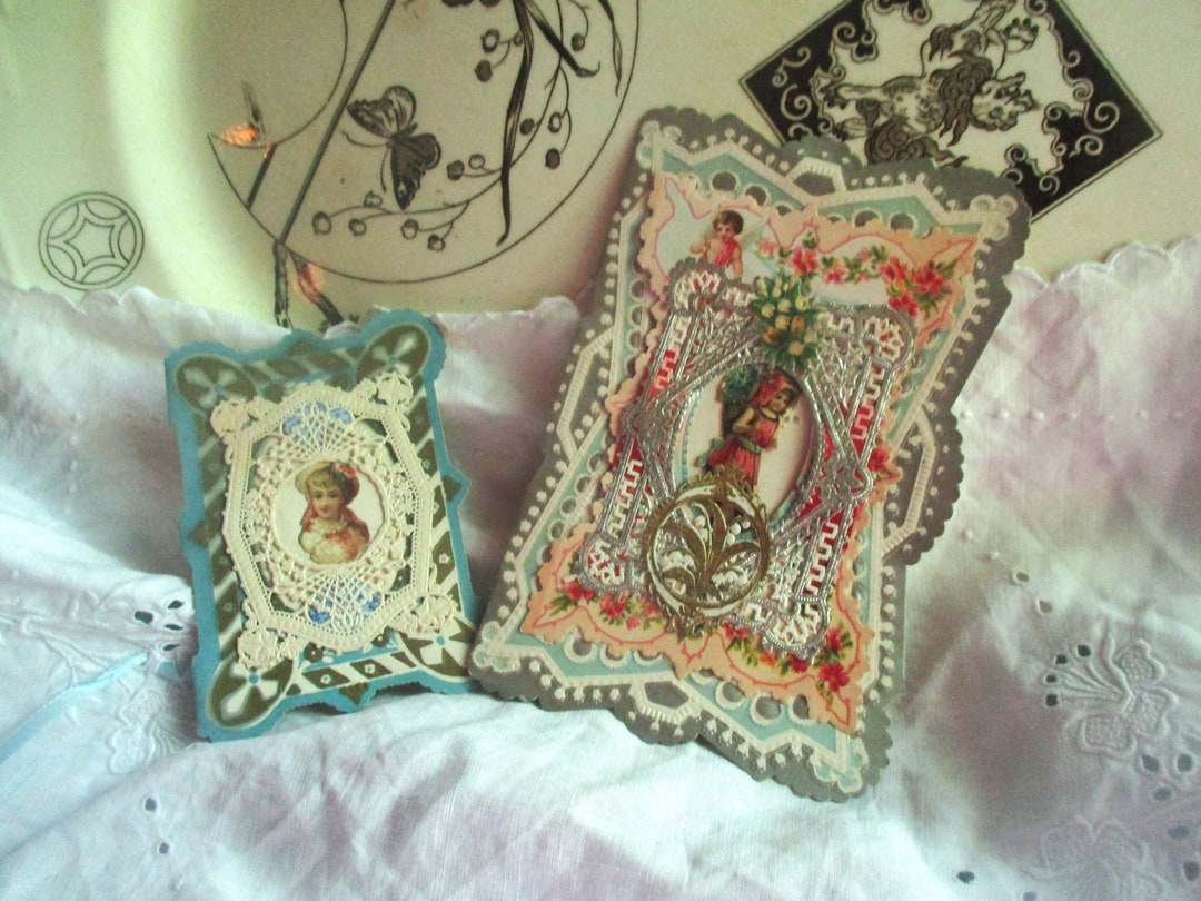 Set of 2 Victorian Antique Fancy Cards, 2 Sizes, Lacy Doily Valentine ...