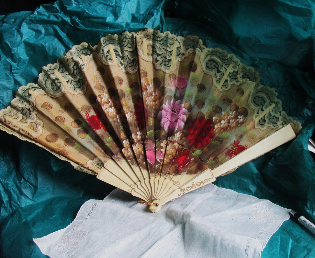 Edwardian Hand Painted Linen Hand Fan, Evening Fan, Hand Painted Floral ...