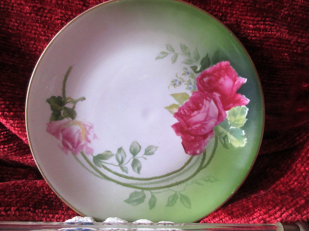 Hand Painted China Plate, Bavarian, 50's Vintage, Rose Design, Green ...
