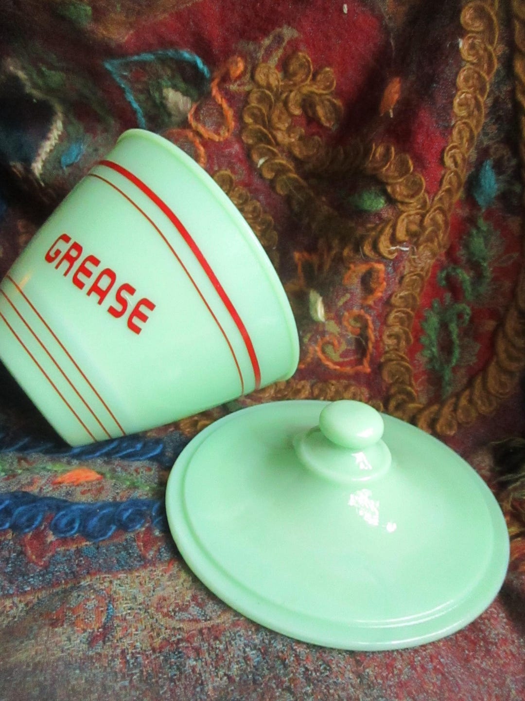 Jade Ware 1930's Grease Jar With Lid, Red Lettering, Deco Design, Very ...