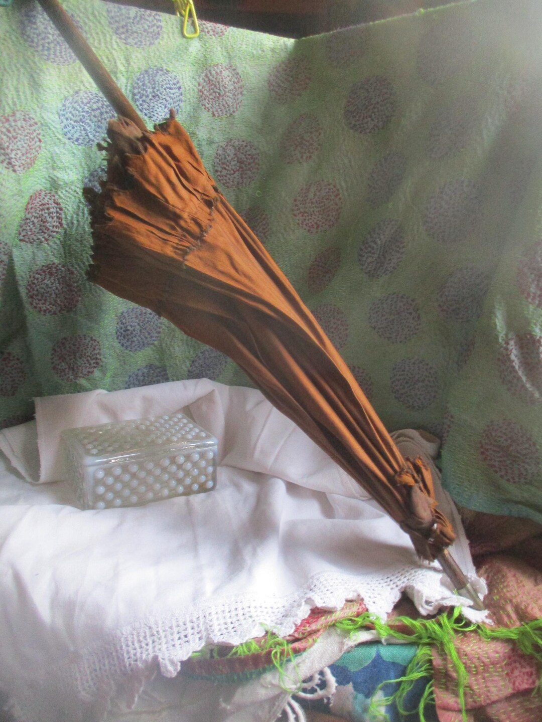 Victorian Silk Parasol, Brown, Carved Handle, Ruffled Edge, Working ...