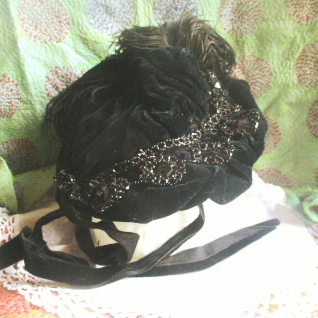 Victorian Black Velvet Mourning Bonnet, Beadwork, Ostrich Feather ...