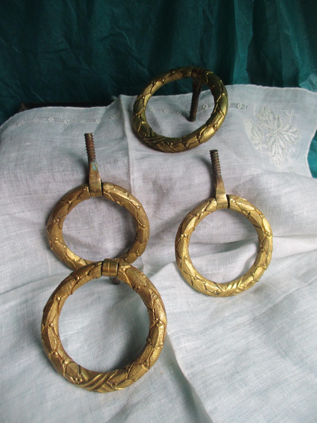 4 Large Round Cast Brass Drop Ring Handles, Furniture Handles, Laurel ...