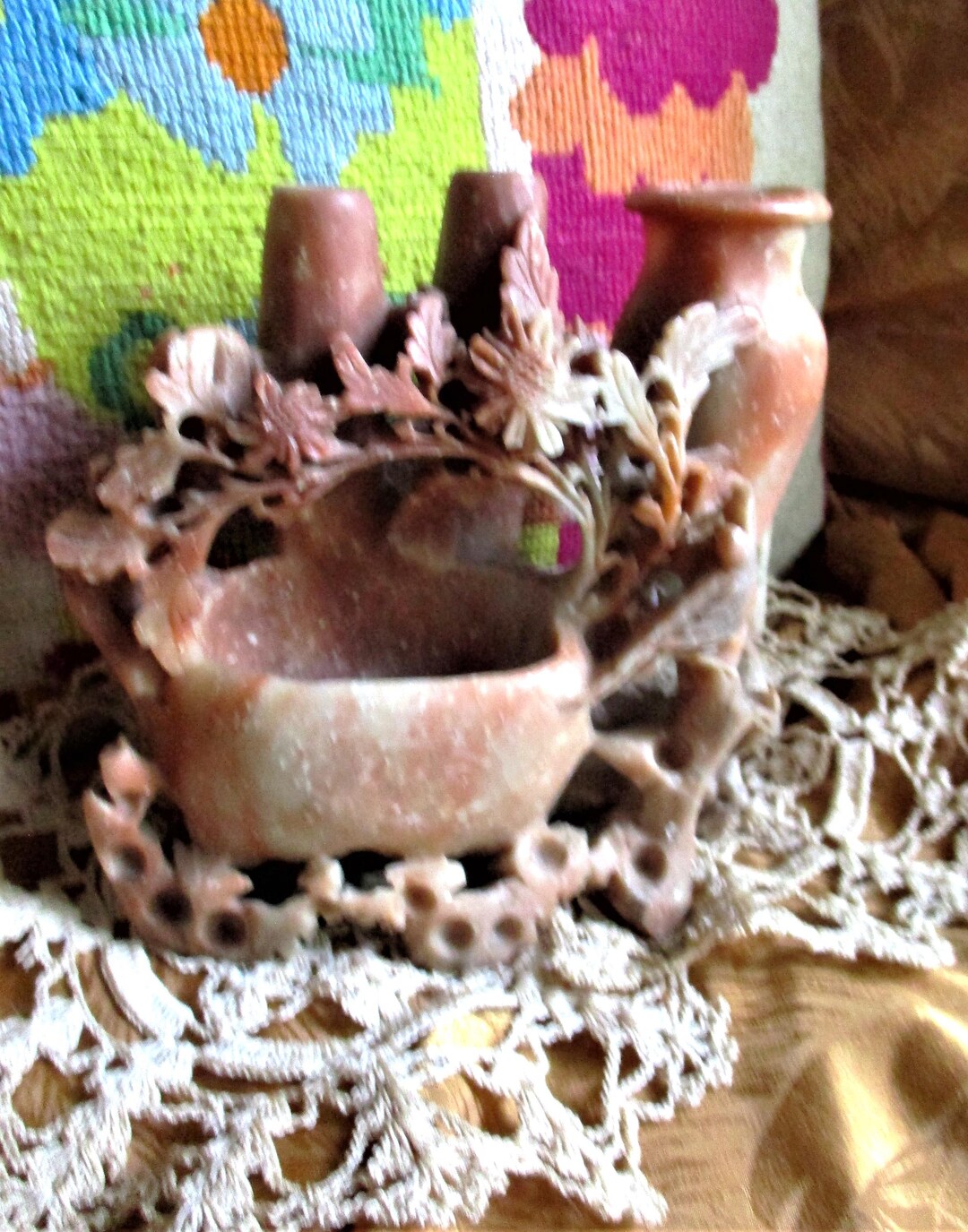 Carved Soapstone Vase, Oriental Design, Multi Stem Design, Leaves ...
