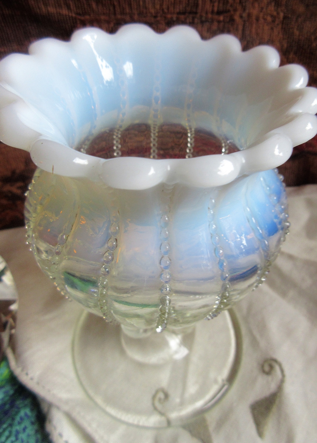 Gorgeous Opalescent Victorian Art Glass Vase on Pedestal, Decor Piece ...
