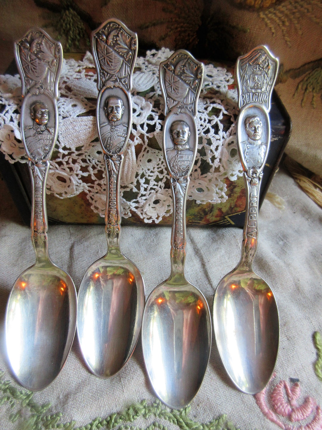 Set of 4 Silver Plate Spoons With Faces of Famous Military Men, Early ...