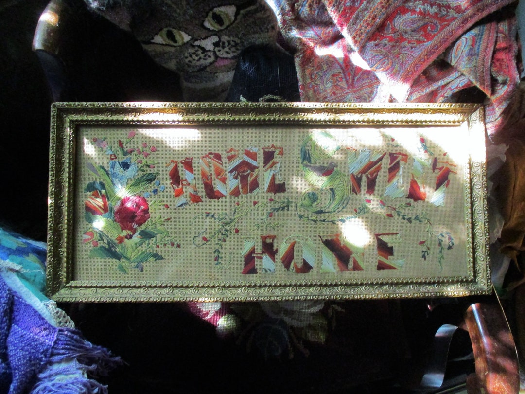 1930's Punch Stitch Framed HOME SWEET HOME Artwork, Multicolored Wool ...