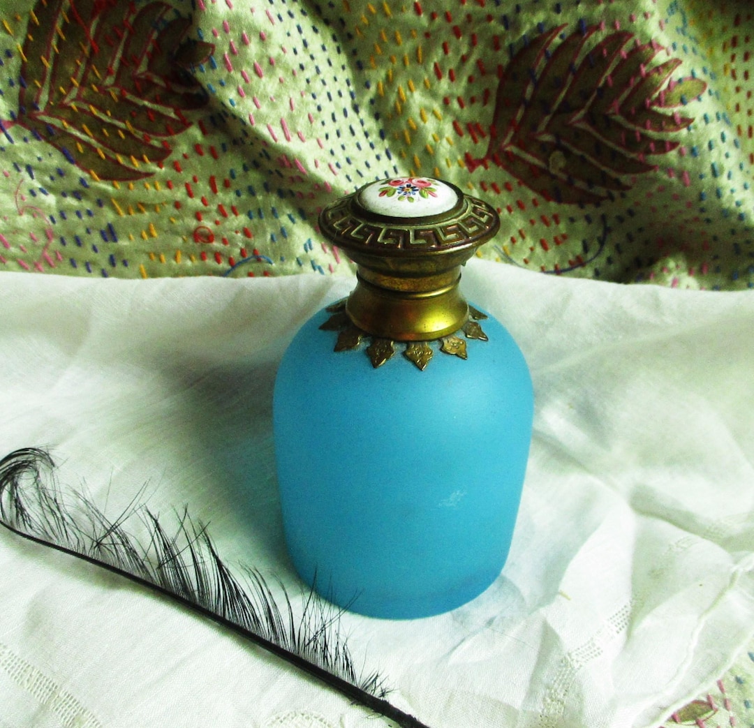 Antique Blue Glass Cologne Bottle, Enamelled Flip-back Top Glass ...