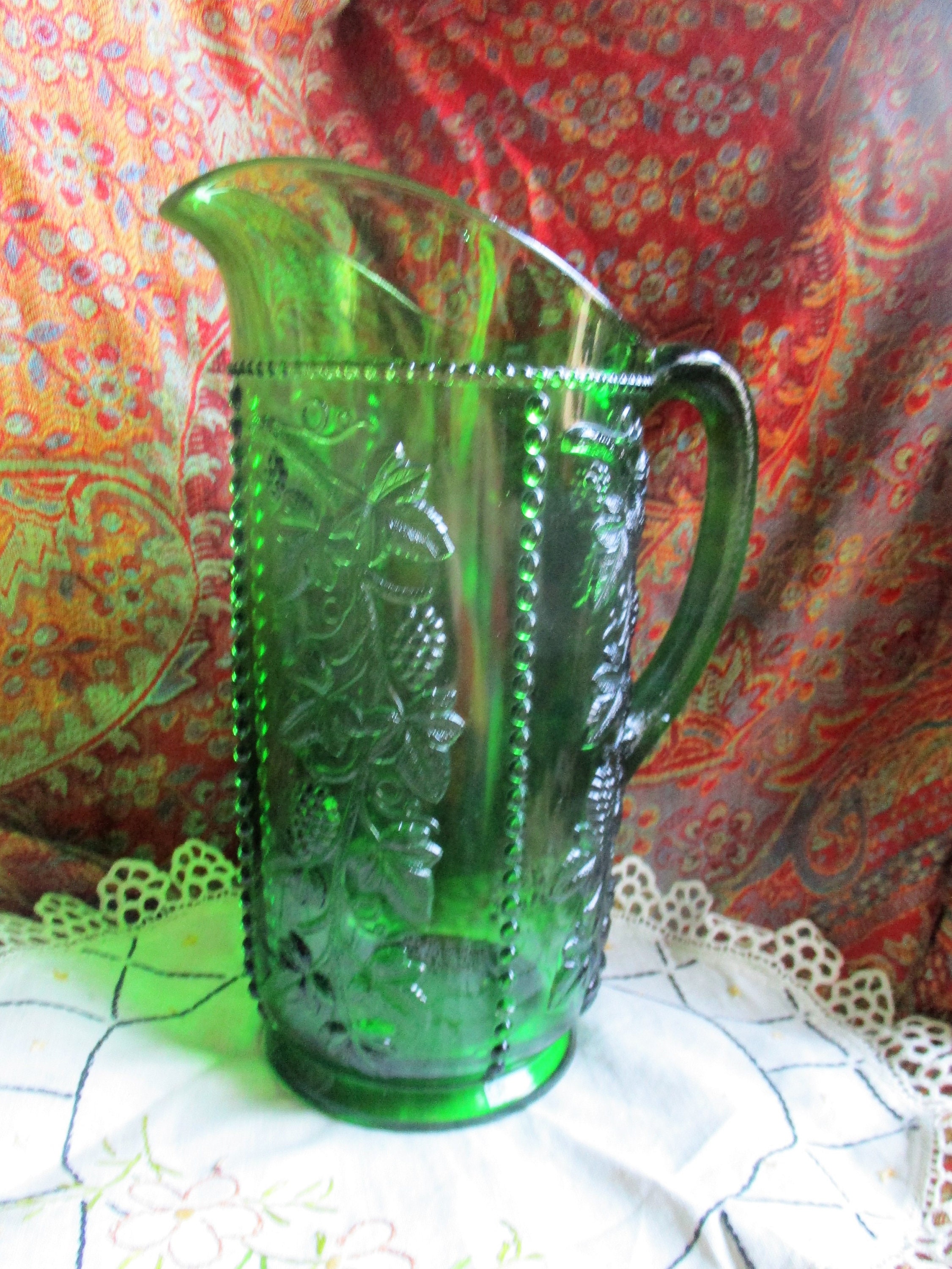 Deep Green Molded Glass Pitcher, 1920's Large Antique Pitcher, Grape ...