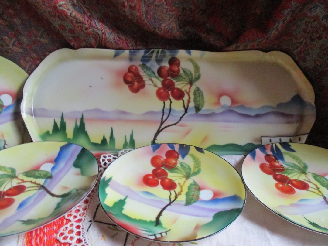 Art Deco Hand Painted Serving Platter With 4 Lunch Plates, Cheerful ...