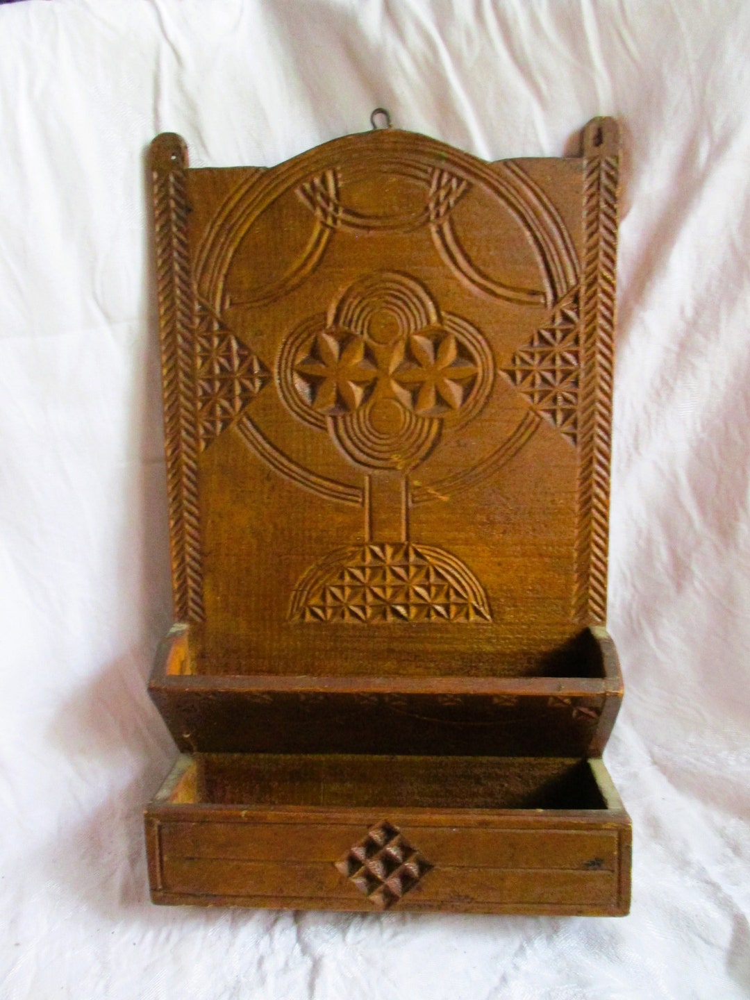 Hand Carved Wood Folk Art Wall Letter Holder, Fantastic Carving ...