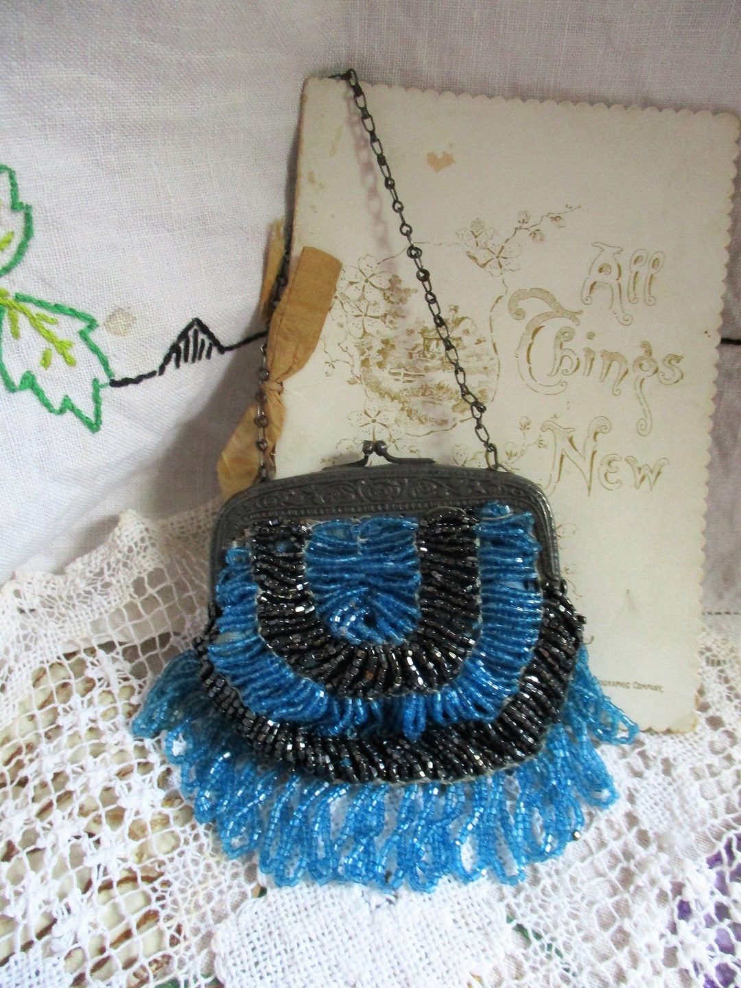 Art Deco Beaded Flapper Bag, Fringed, Blue /black Glass Beads, Embossed ...