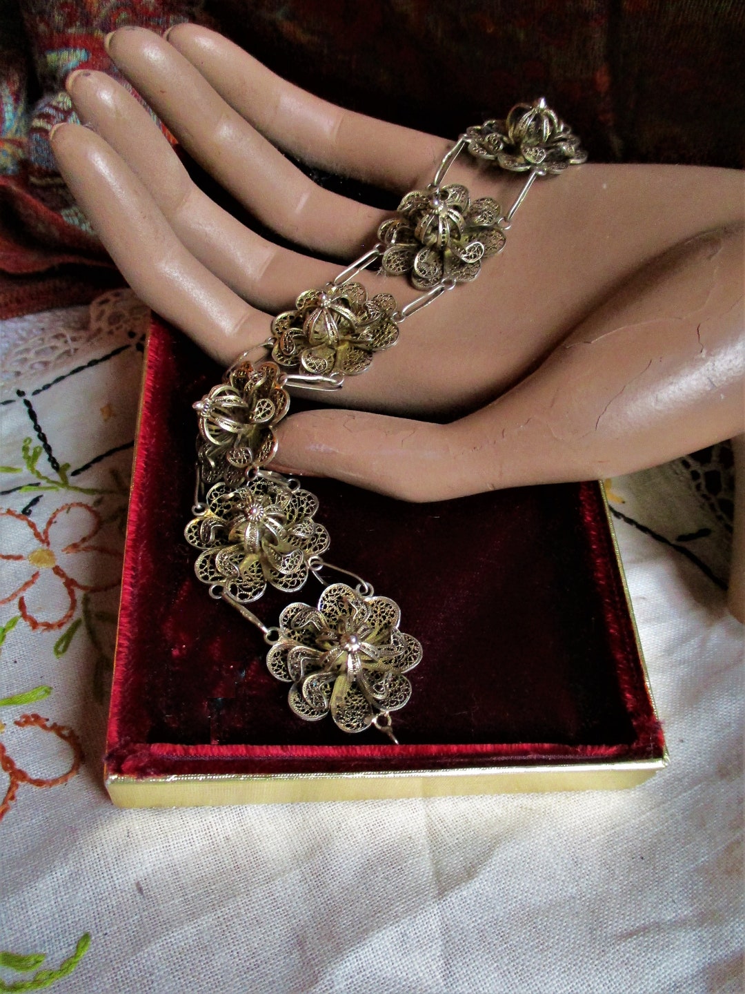 Filigreed Floral Bracelet, Links, Gold Tone Metal, 3 Dimensional ...