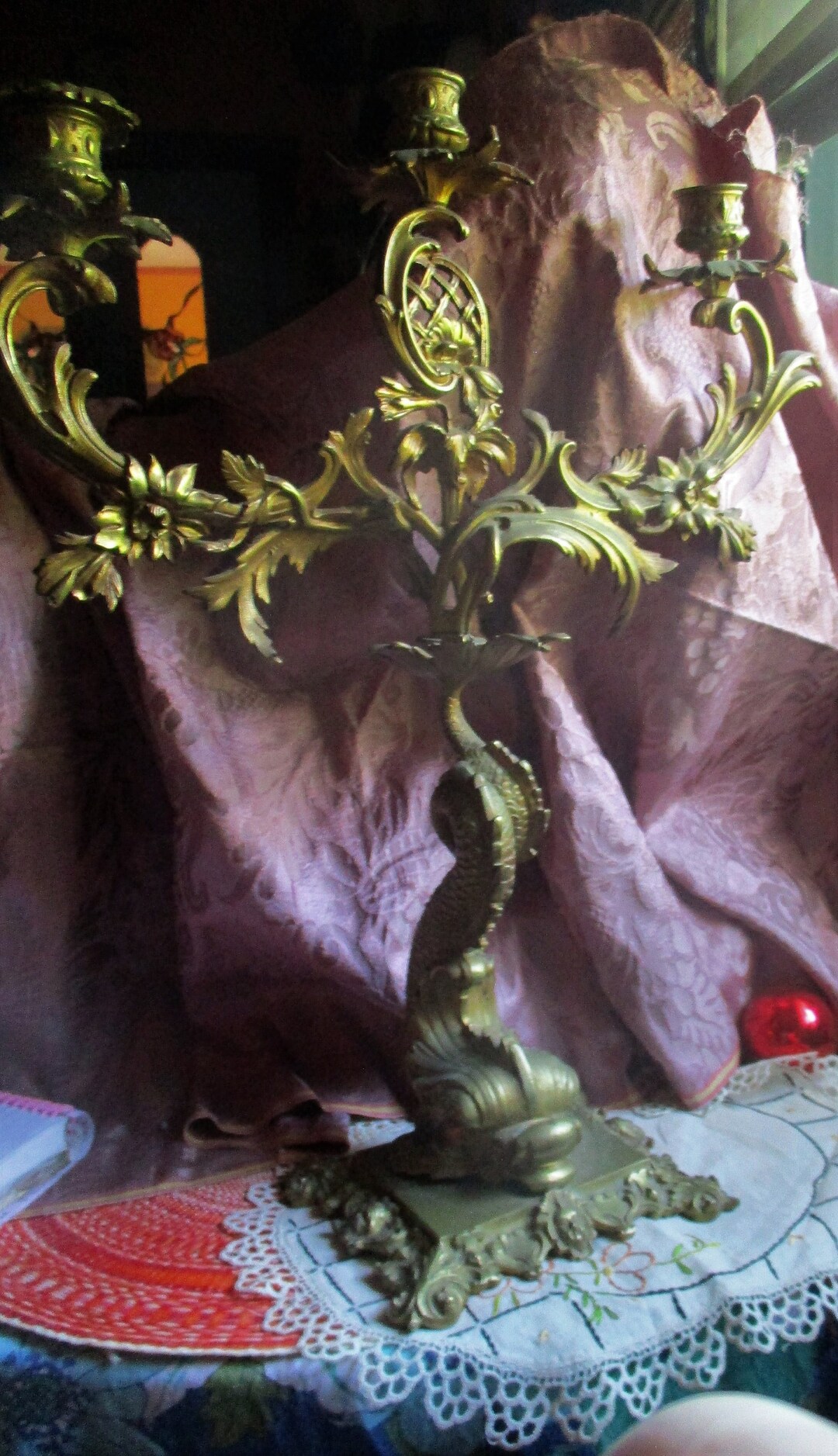 Amazing Antique Cast Brass Candelabra, Fish Design Pedestal, Large ...