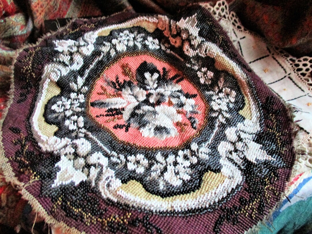 Large Round Hand Beaded, Needlepoint Piece, Glass Beads, Silk Thread ...