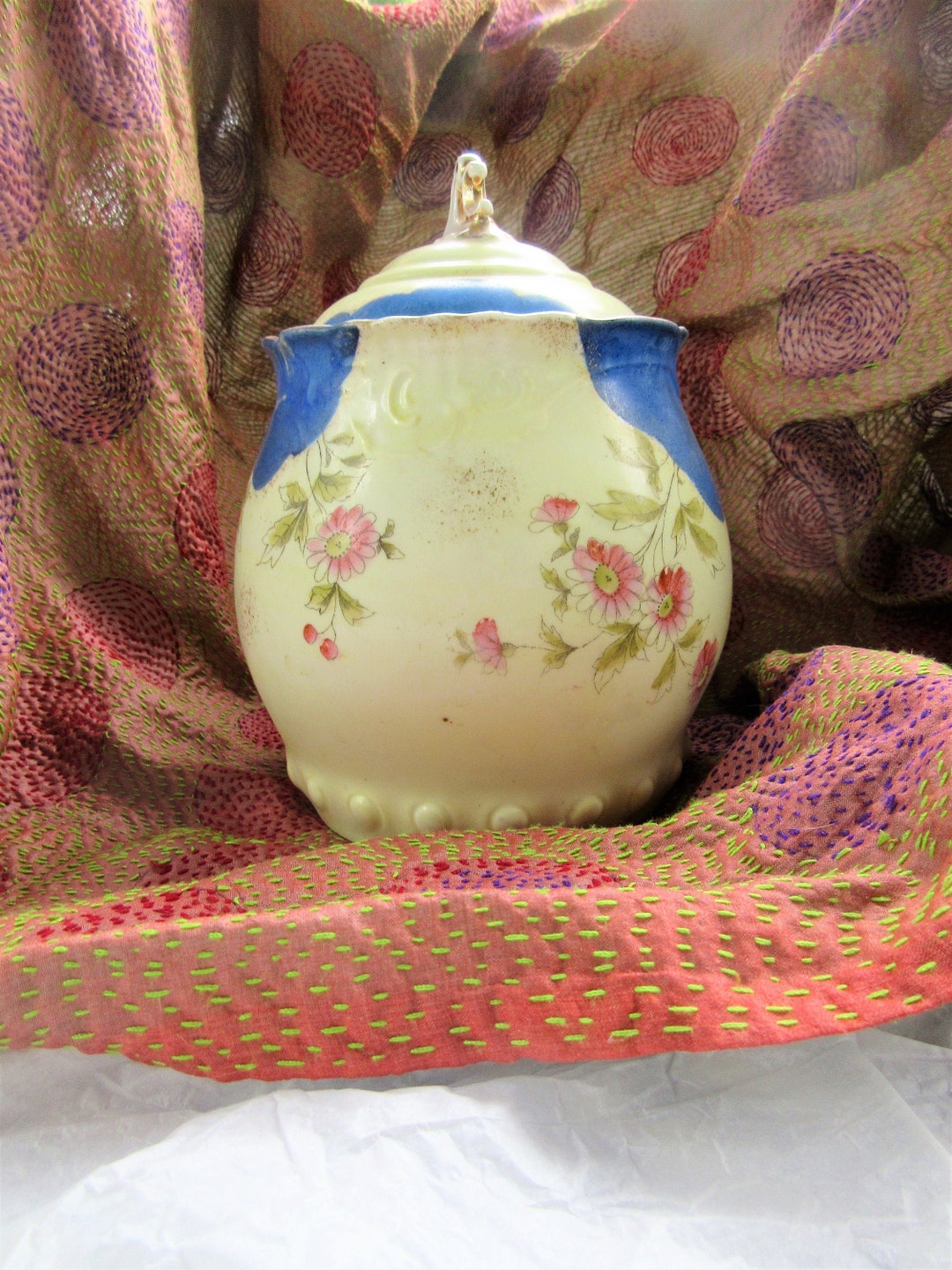 Victorian Antique Biscuit Jar With Lid, Hand Painted, Floral Design ...