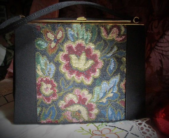 mid century black handbag with tapestry panel, 1950's… - Gem