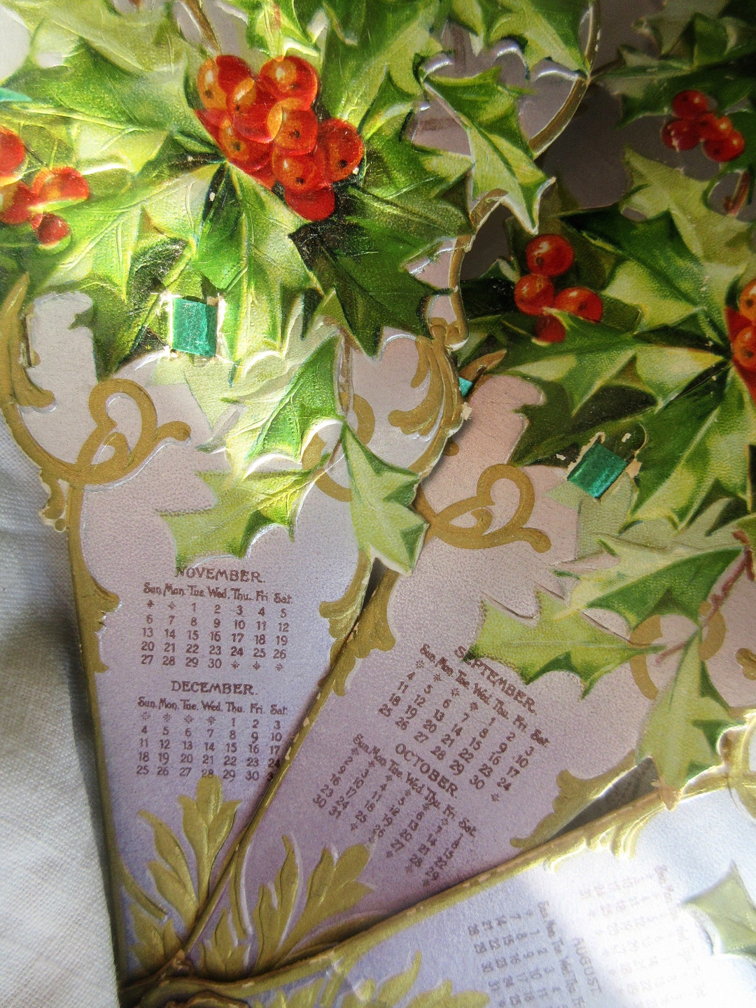 Antique Victorian Calendar Fan, Red and Green Floral Design, Template ...