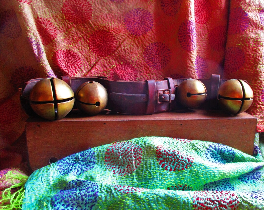 Antique Large Brass Jingle Bells on Thick Leather Strap With Buckle ...