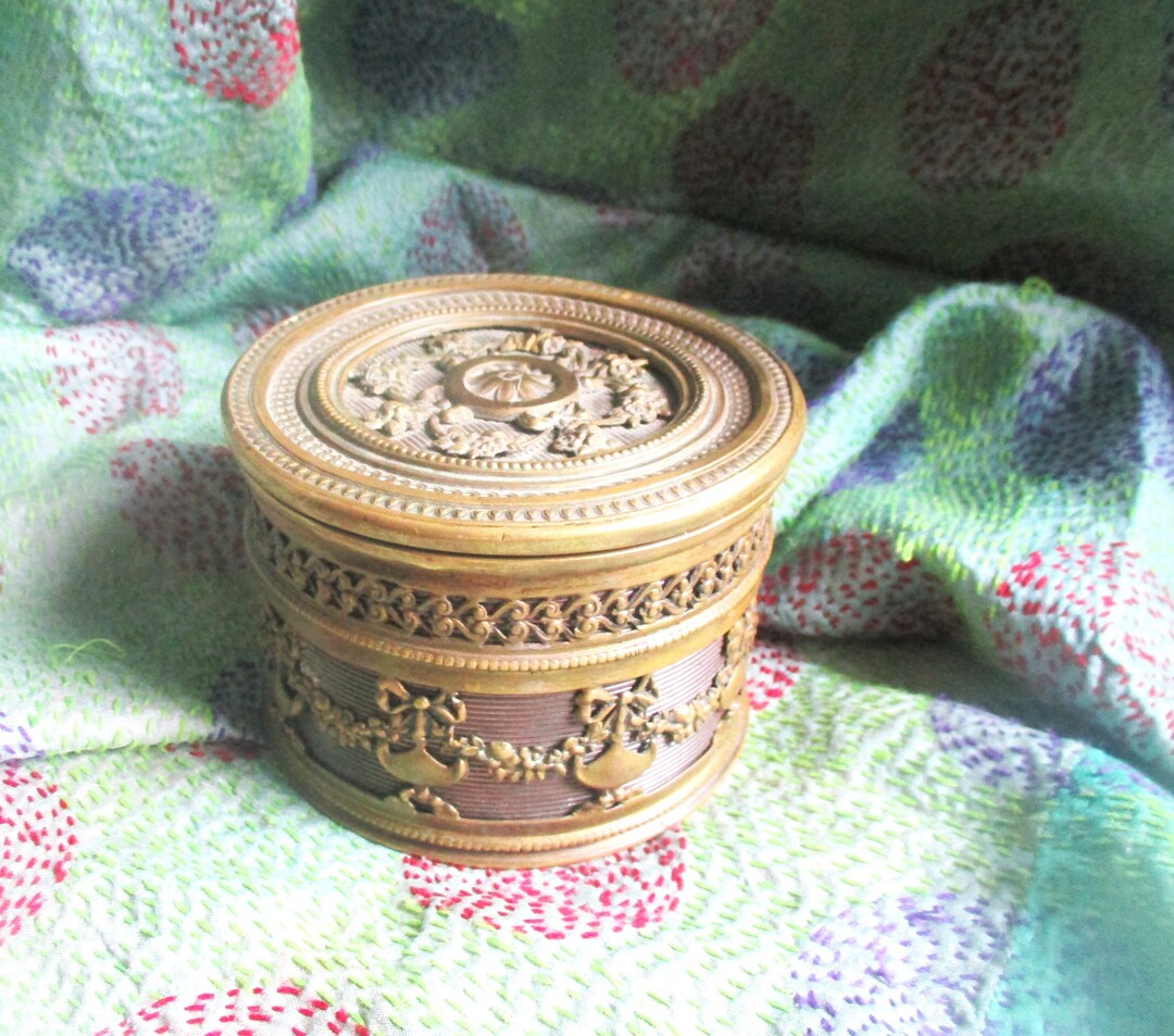 Antique Embossed Round Brass Box, Elaborate Raised Design, French ...
