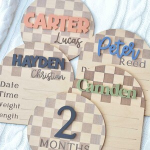 Checkered Hospital Name Sign, Baby Birth Announcement Round, Birth Stat ...