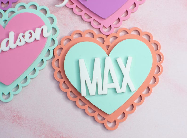Valentine Basket Name Tags Personalized | Custom Heart Doily Pastel ...