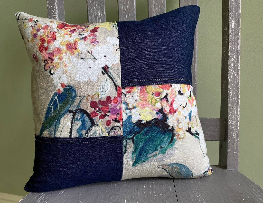 Denim and Bark Cloth Pillow Cover Hydrangea Print Pillow Sofa Pillow ...