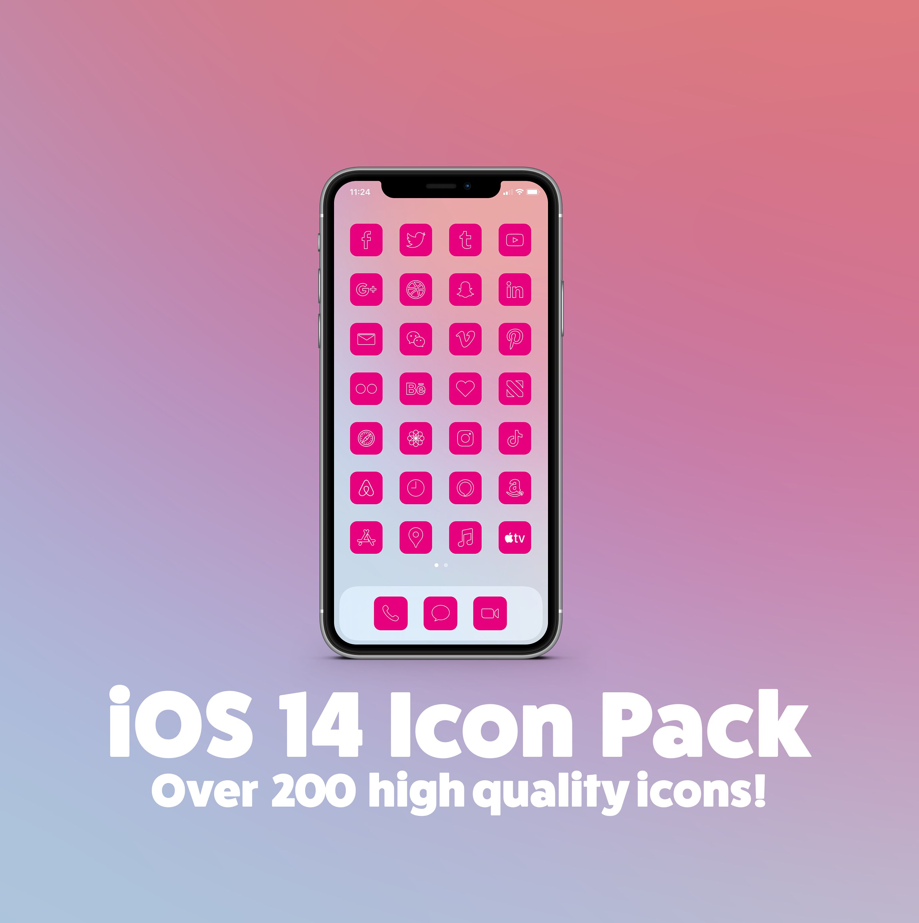 Ios 14 Iphone Icon Pack Over 200 Icons Minimal Hot Pink | Etsy