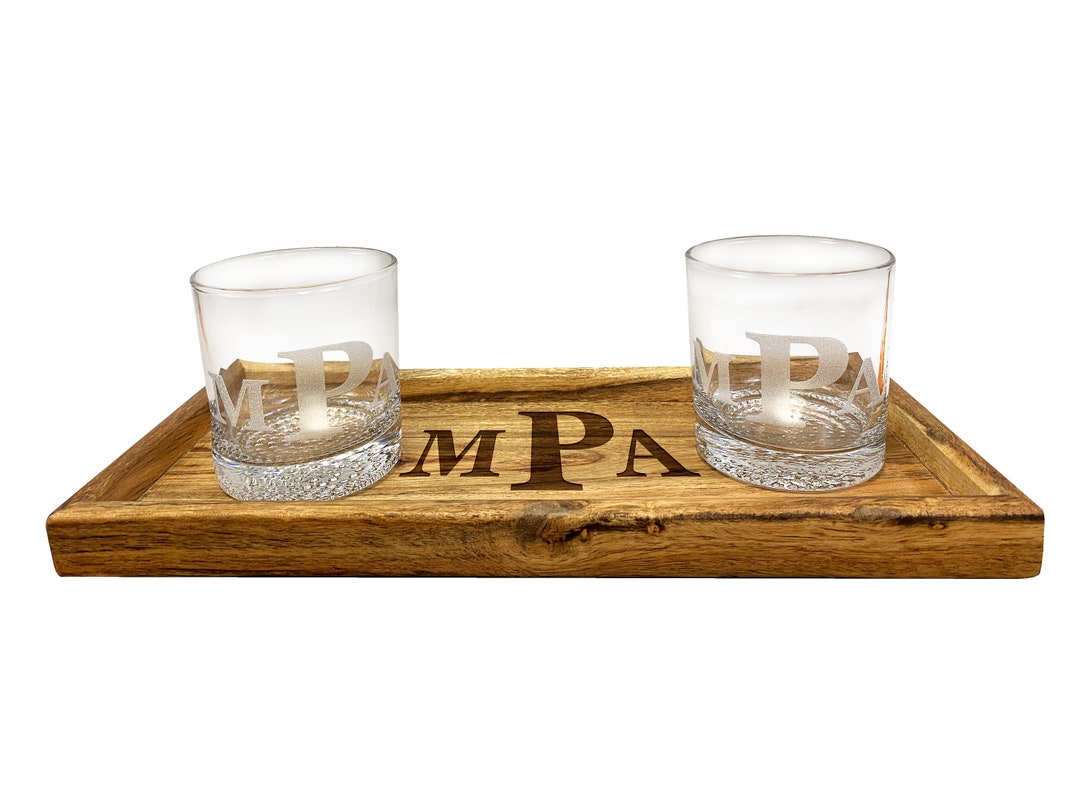 Monogram Whiskey Glass Set W/ Wooden Tray - Personalized Rocks Glass ...