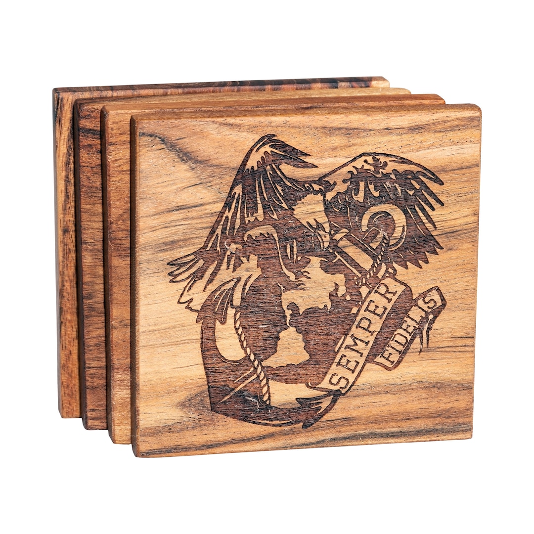 USMC Semper Fidelis Wood Coaster Set - US Marine Corps Wooden Coasters ...