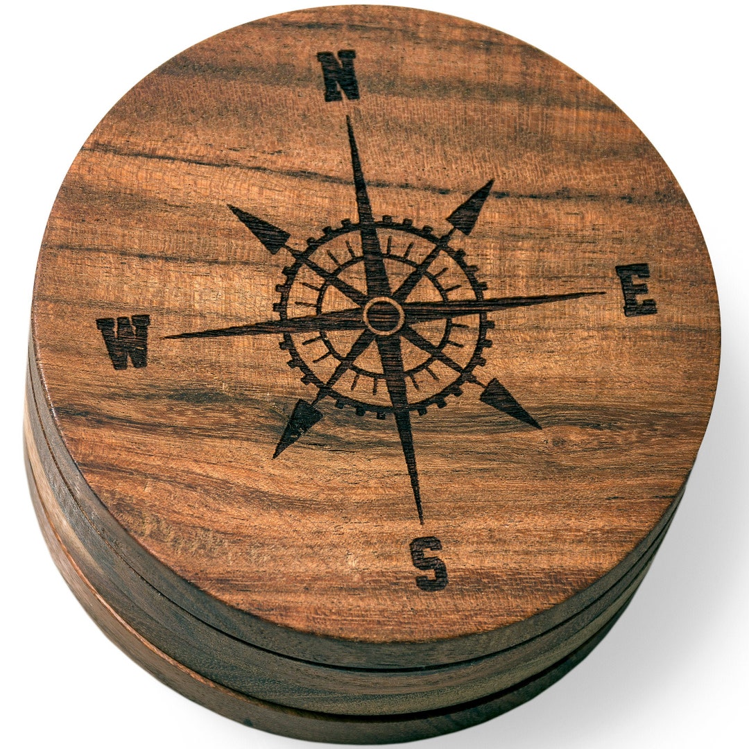 Nautical Compass Rose Drink Coasters - Wood Coaster Set, Engraved Beach ...