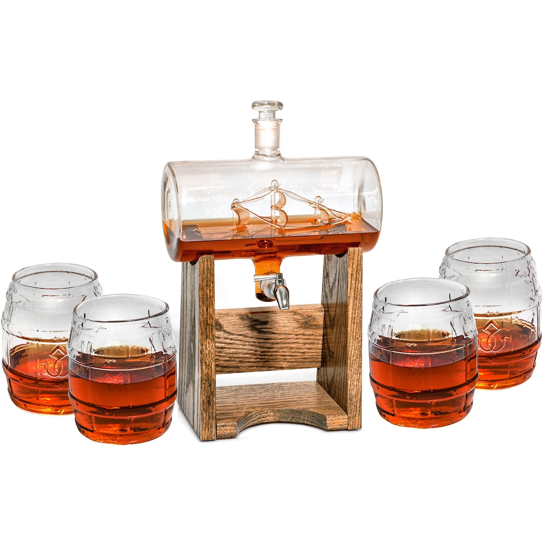 Nautical Ships Decanter With 4 Classic Whiskey Glasses - Bourbon Ship ...