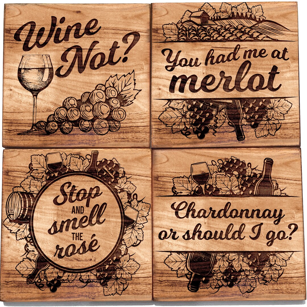 Wine Theme Coaster Set - Unique Coasters for Wine Lover- 4 Unique Wine ...