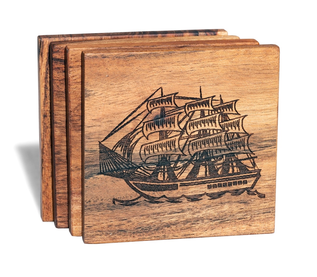 Nautical Ship Coaster Set - Custom Engraved Wooden Coasters W/ Sailboat ...