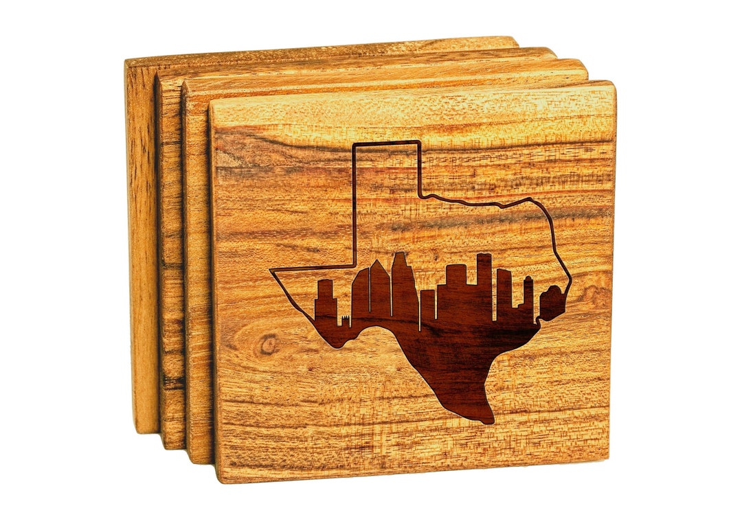 Houston Skyline Wood Coaster Set - Housewarming Gift, New Home Owner ...