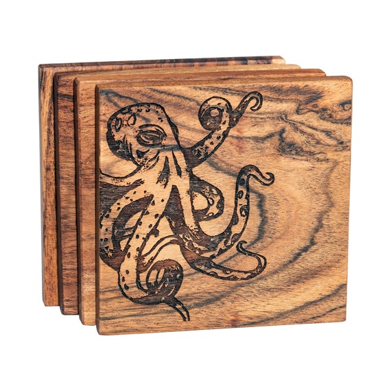 Nautical Octopus Kraken Wood Coaster Set Drink Coasters W Engraved Kraken Design Gift Marine Sea Creatures Wooden Coasters Etsy UK