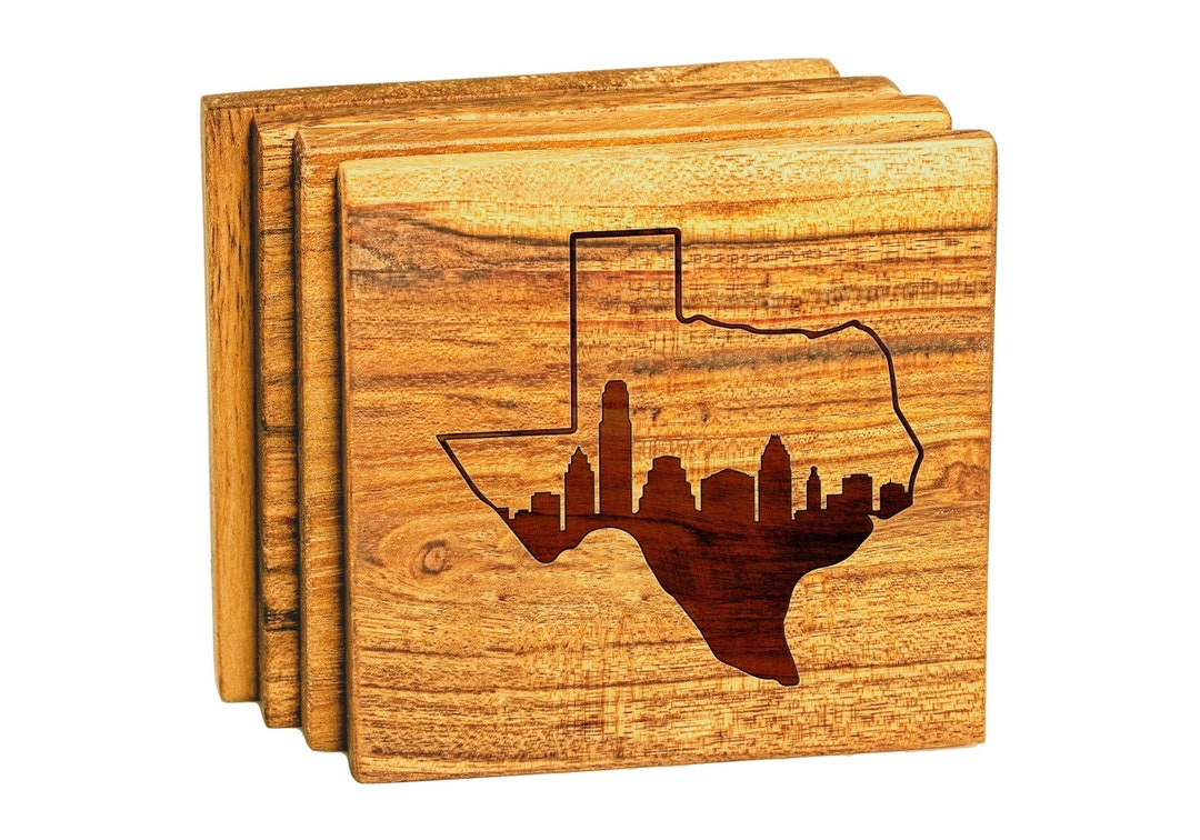 Personalized Austin Skyline in Texas State Outline Wooden Coaster Set ...