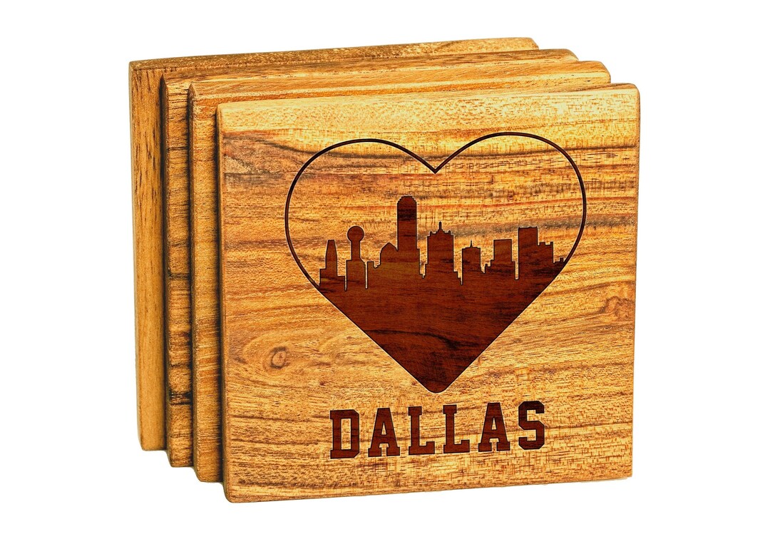 Dallas Skyline Coaster Set - Custom Engraved Wooden Drink Coasters ...