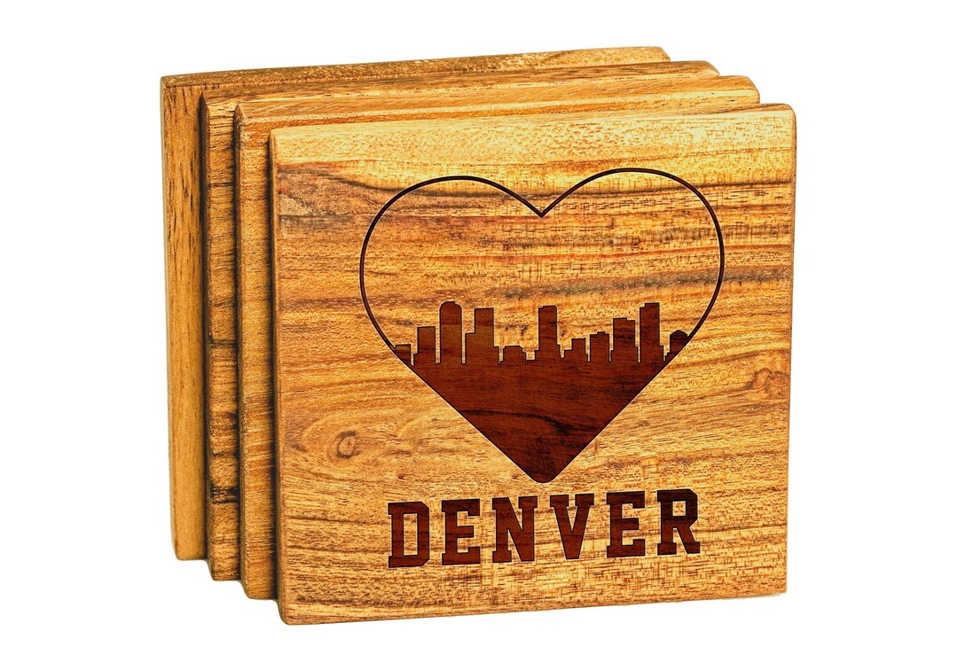 Denver Skyline Coaster Set - I Love Denver Colorado Wooden Drink ...