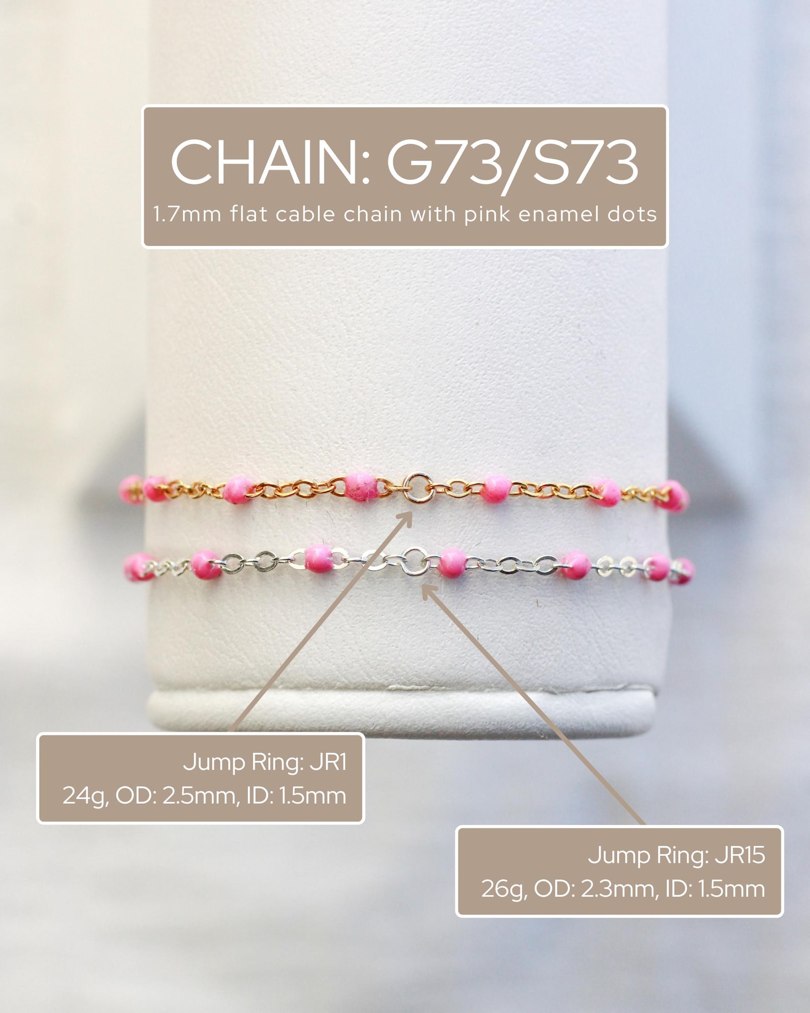 1.7mm Flat Cable Chain With Pink Enamel Dots, 14k Gold Filled, Sterling ...