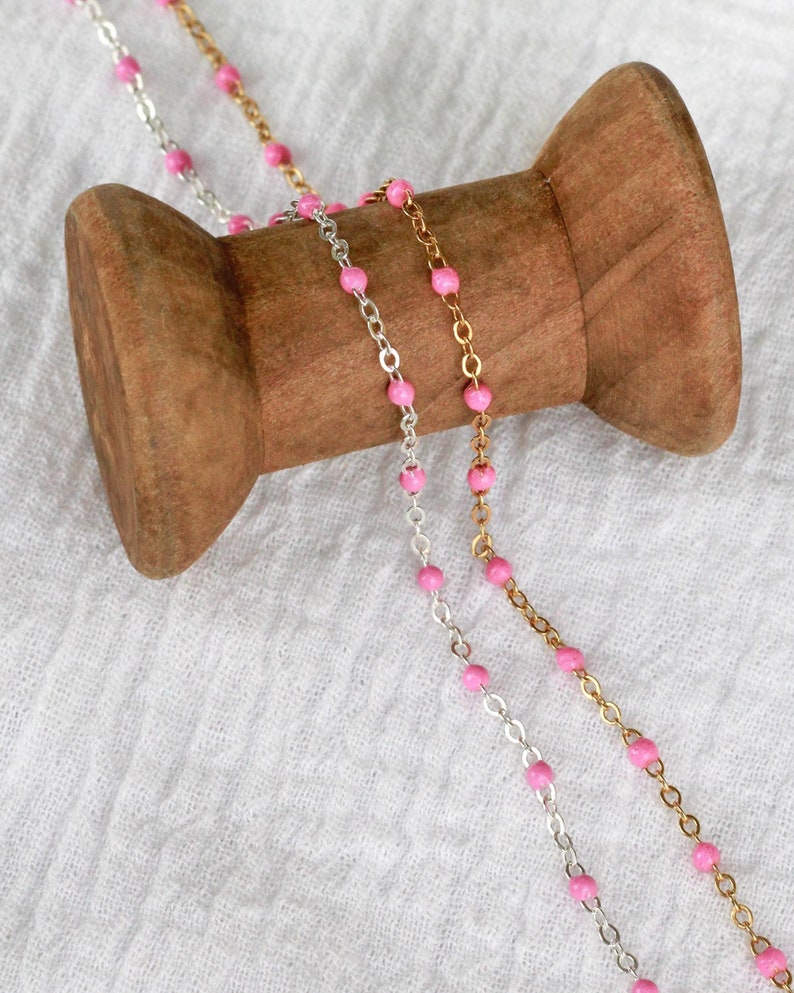 1.7mm Flat Cable Chain With Pink Enamel Dots, 14k Gold Filled, Sterling ...