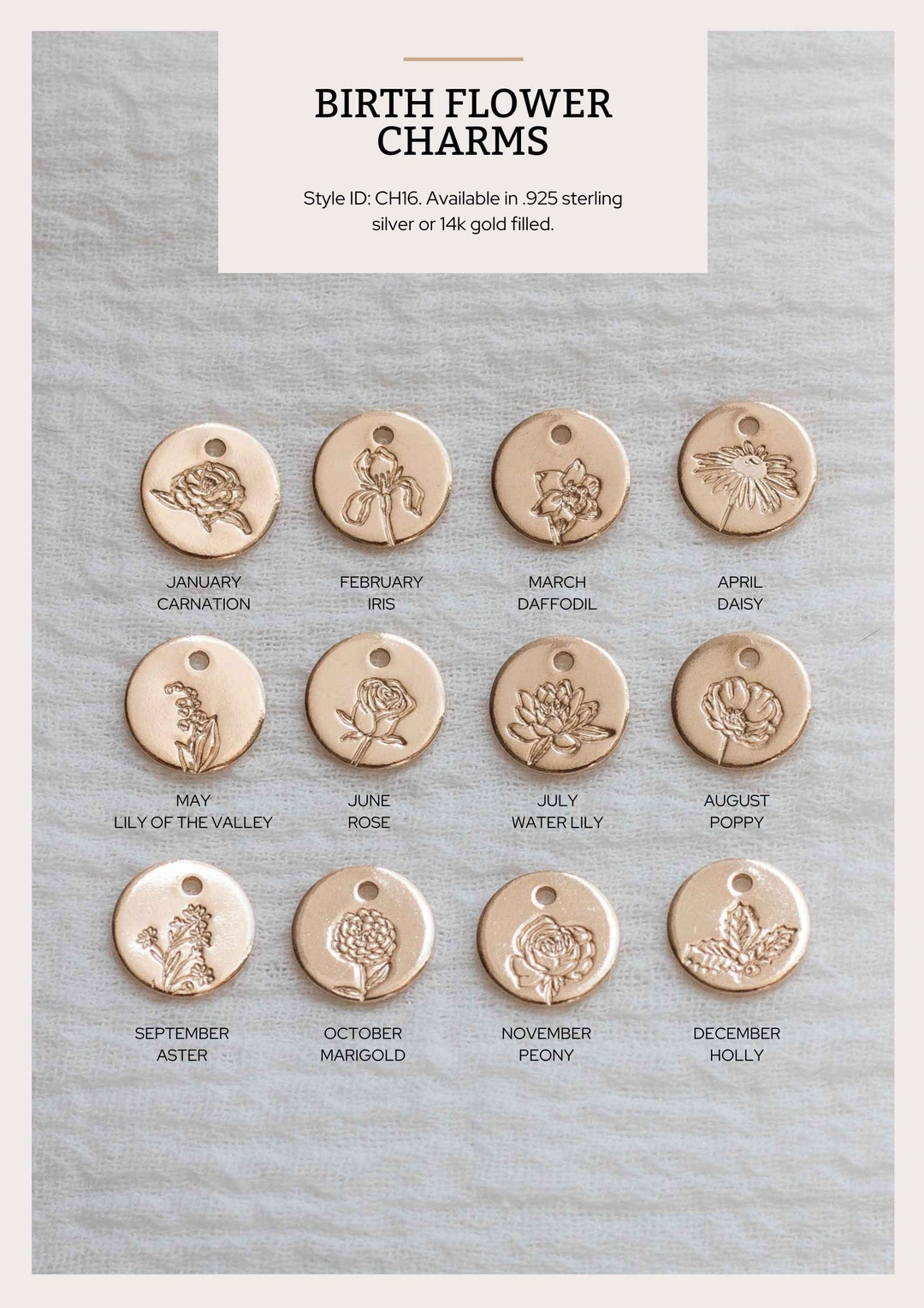 9.5mm Birth Flower Charm, Gold Filled Birth Flower Charms, Silver Birth ...