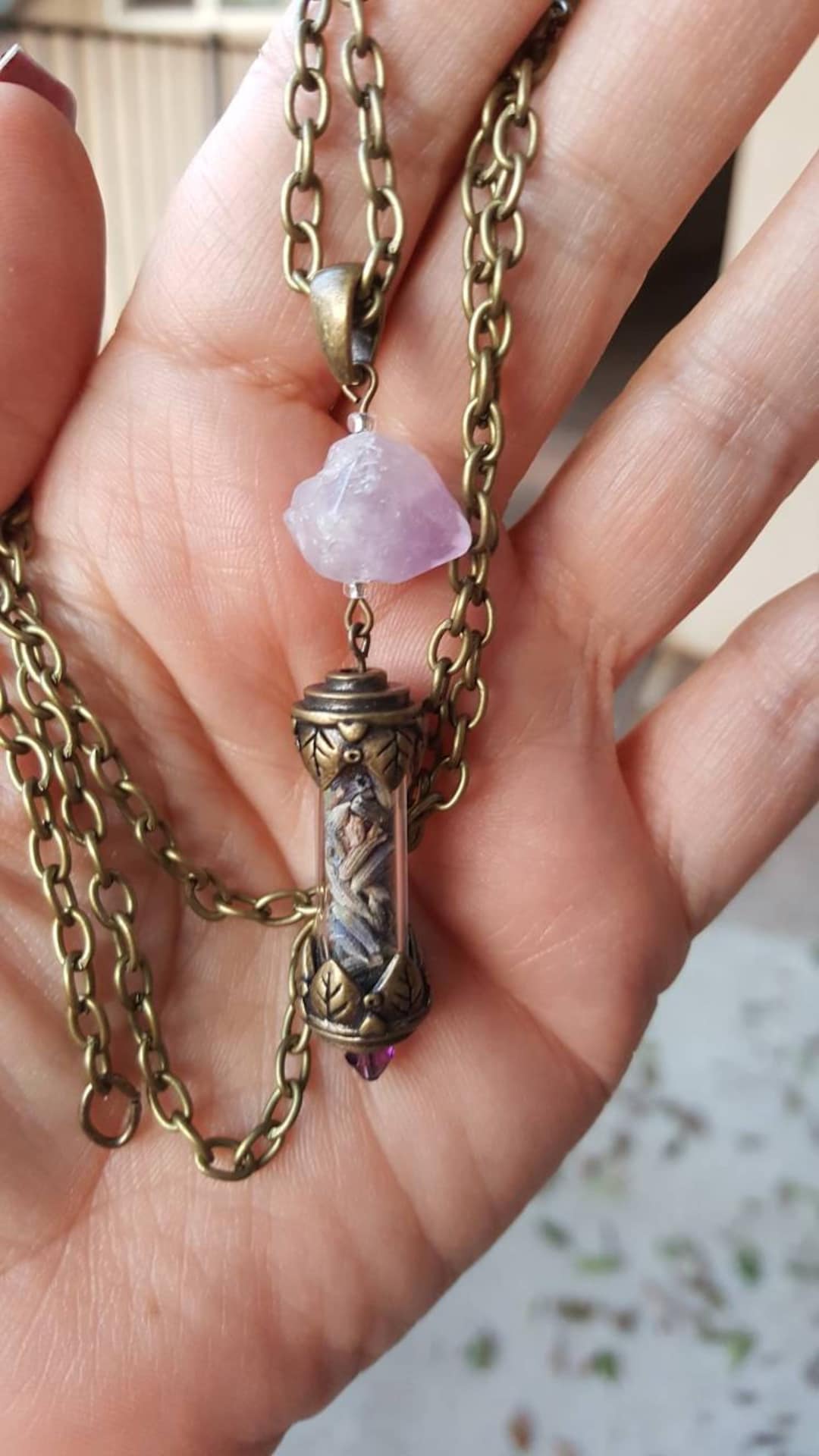 Lavender Brass Vial Pendant, Flower Vial Pendant, Crystal Amulet ...