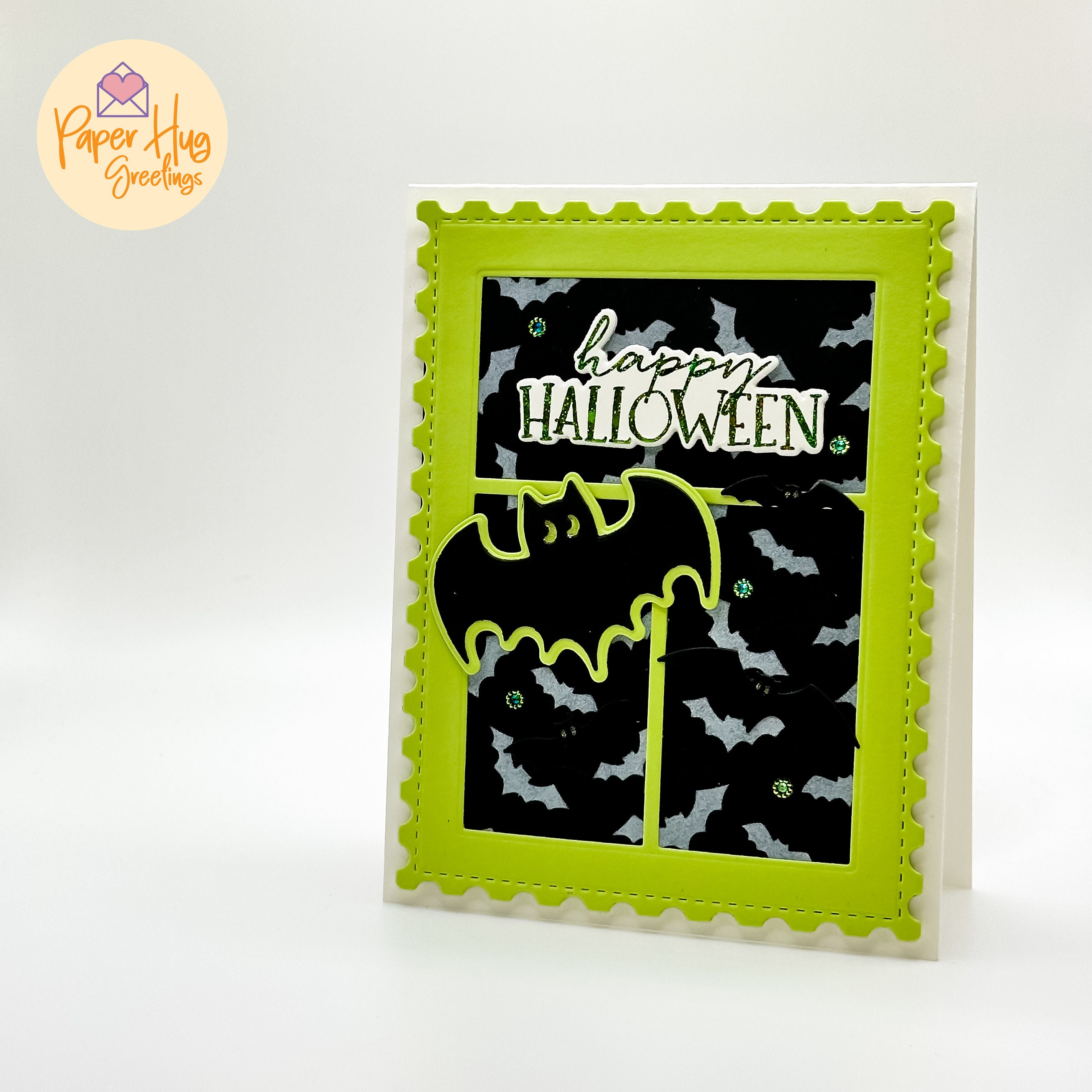 Happy Halloween Green and Black Bat Handmade Greeting Card, Bat Card ...