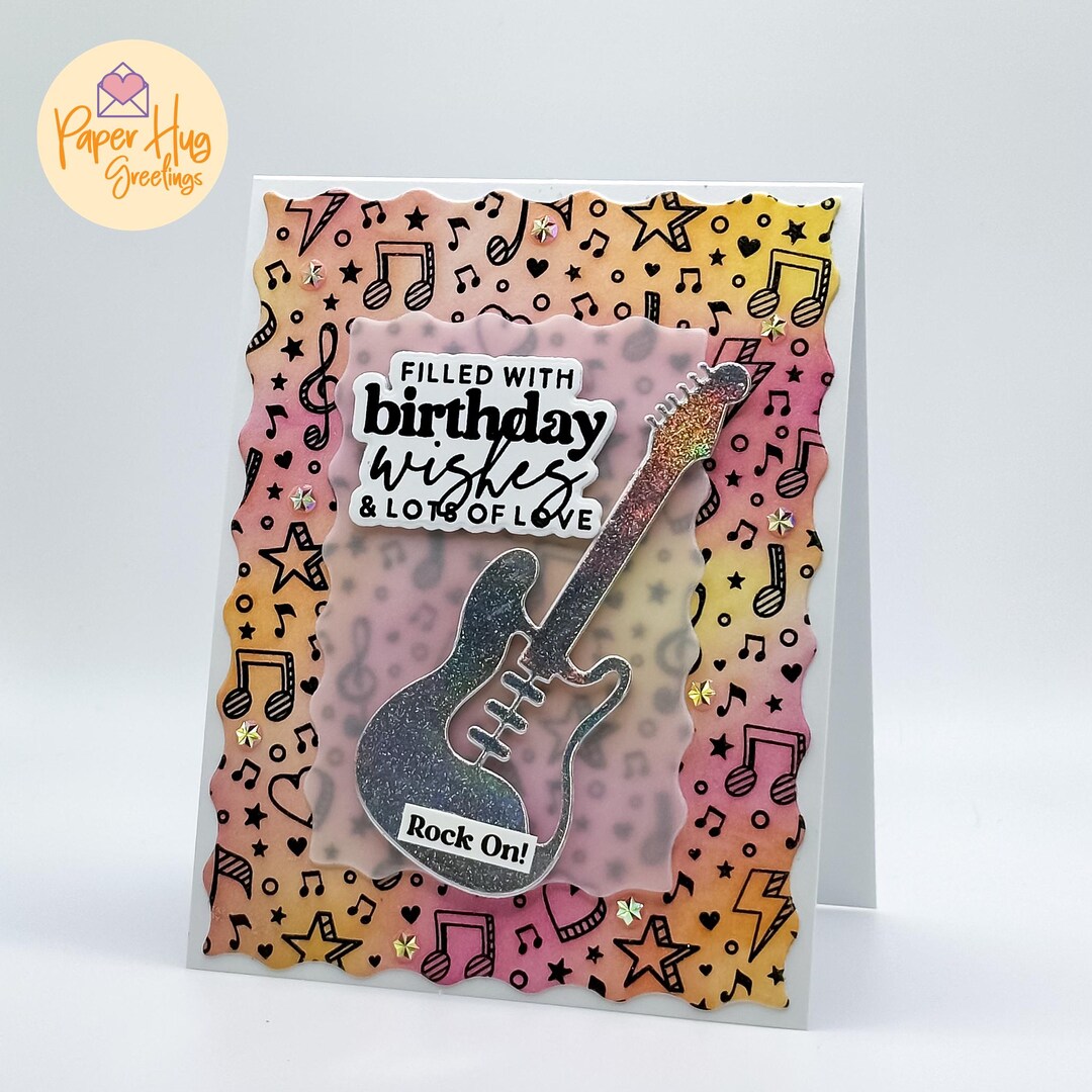 Sparkly Guitar Rock Birthday Card With Colorful Music Notes - Handmade ...