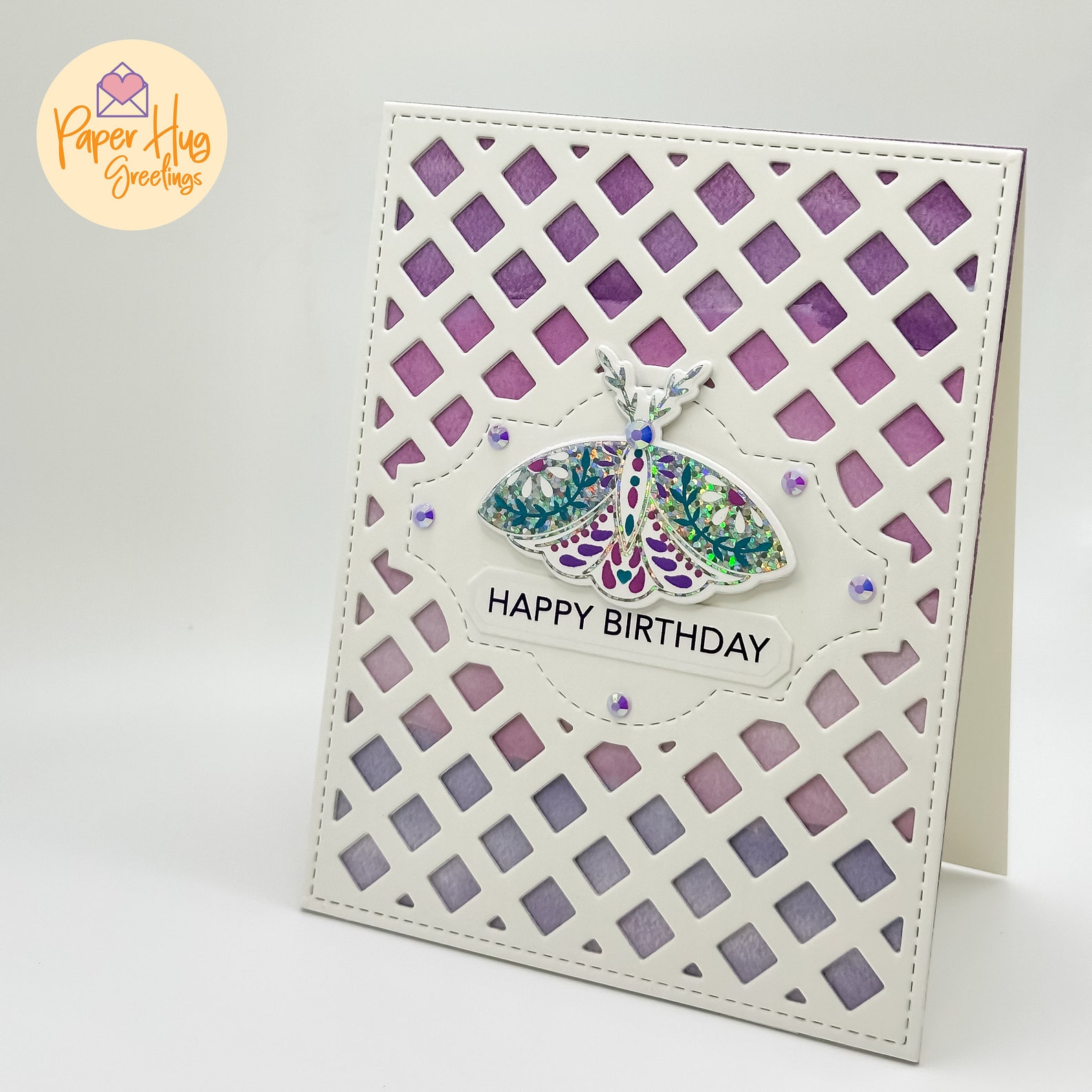 Happy Birthday Moth Card With Trellis Background Handmade Greeting Card ...