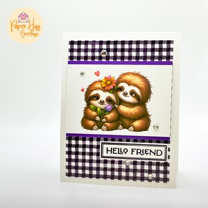 Hello Friend Sloth Handmade Greeting Card With Purple Gingham ...