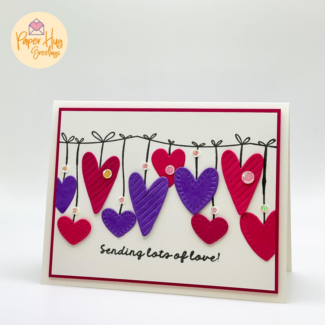 Sending Lots of Love Pink and Purple Hanging Hearts Handmade Greeting ...
