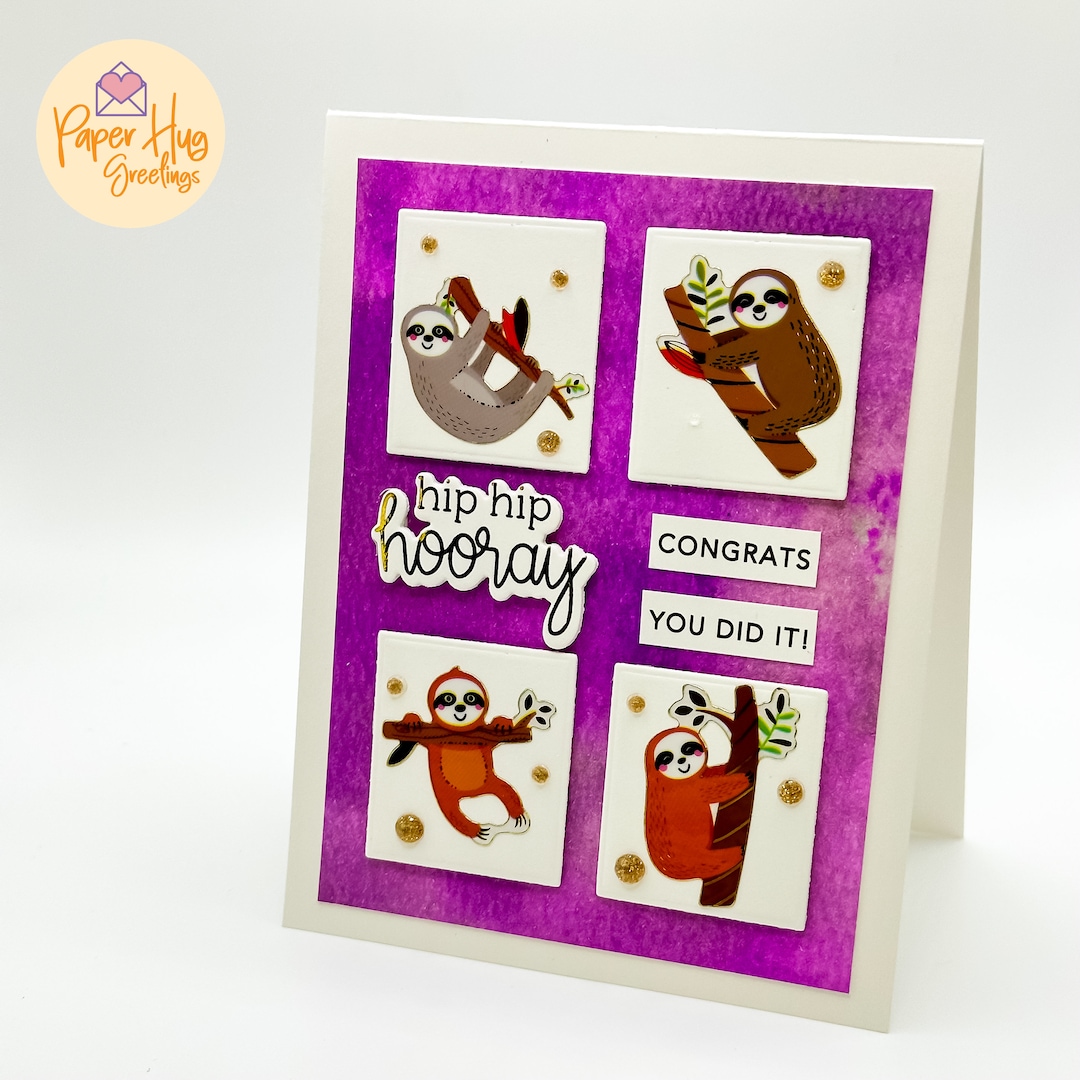 Hip Hip Hoora Congrats You Did It Purple Sloth Handmade Greeting Card ...
