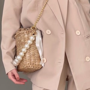 Straw Shoulder Handbag Pearls Handle Bag | Etsy